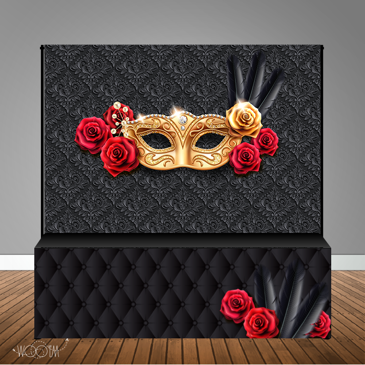Masquerade 8x8 Table Banner Backdrop with 8ft Table Wrap/ Step & Repea ...
