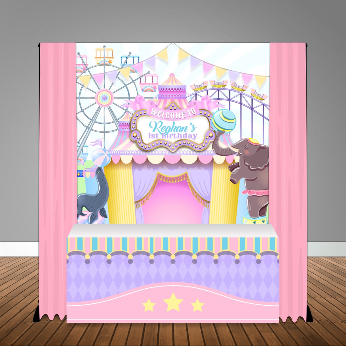 Pastel Pink Circus 6X6 Table Banner Backdrop with 6ft Table Wrap, Desi ...